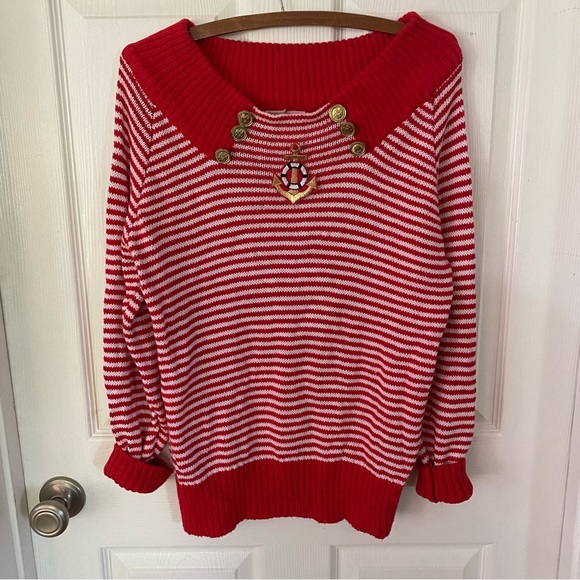 Vintage | Sweaters | Vintage Nautical Striped Preppy Boatneck Sweater Red White Gold Buttons ...